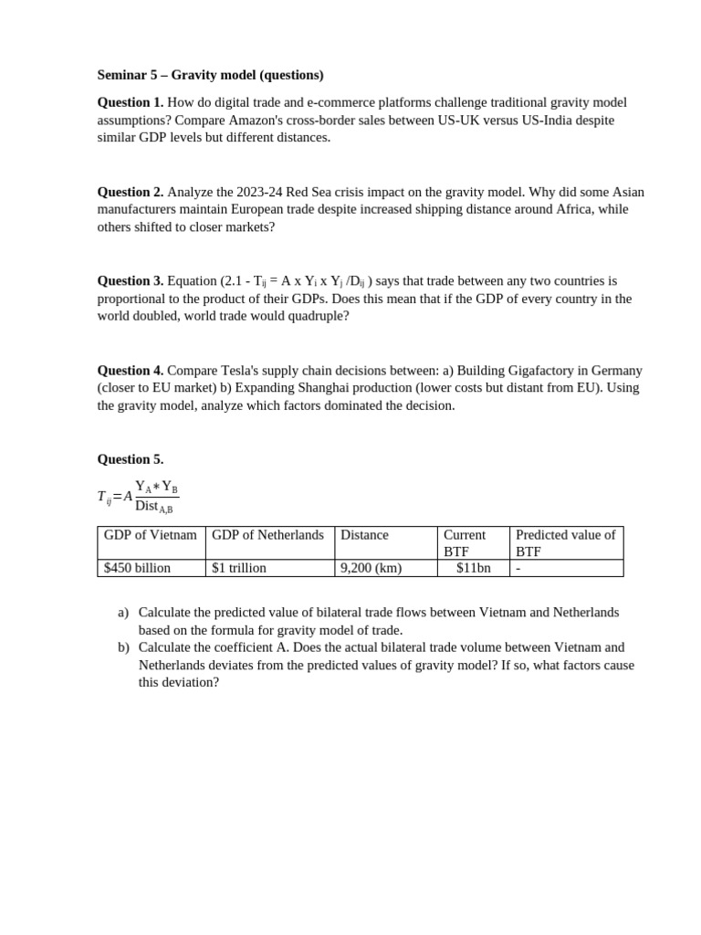 Week 5 - Gravity Model (Questions 2024-25) | PDF