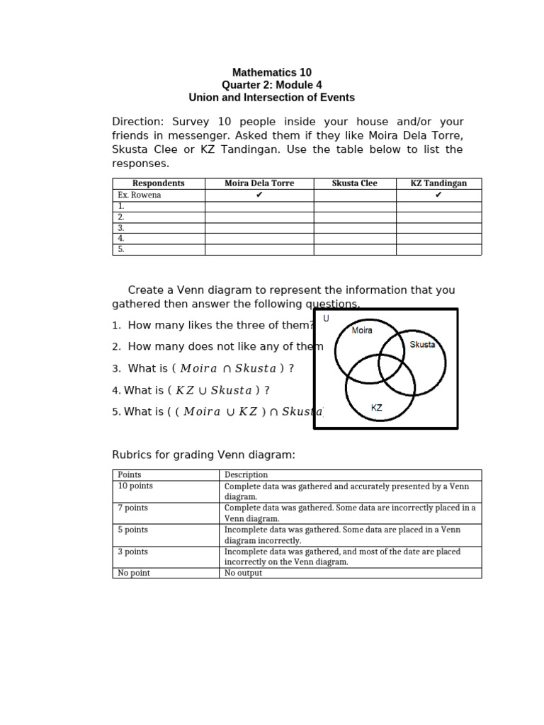 Mathematics 10 Module 4 Union and Intersection of Events | PDF