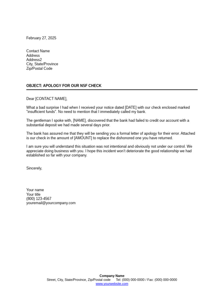 Apology for NSF Check Incident | PDF