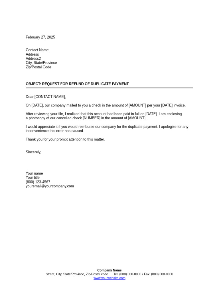 Request for Refund of Duplicate Payment | PDF