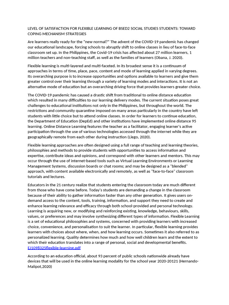 RRL - Level of Satisfaction For Flexible Learning of Bsed2 Social Studies Students | PDF ...