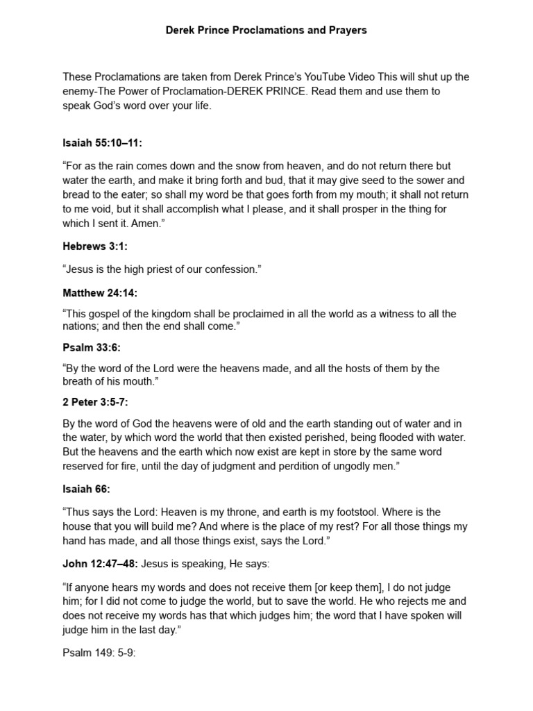 Derek Prince Proclamations and Prayers | PDF | Kingship And Kingdom Of God | Religious Belief ...