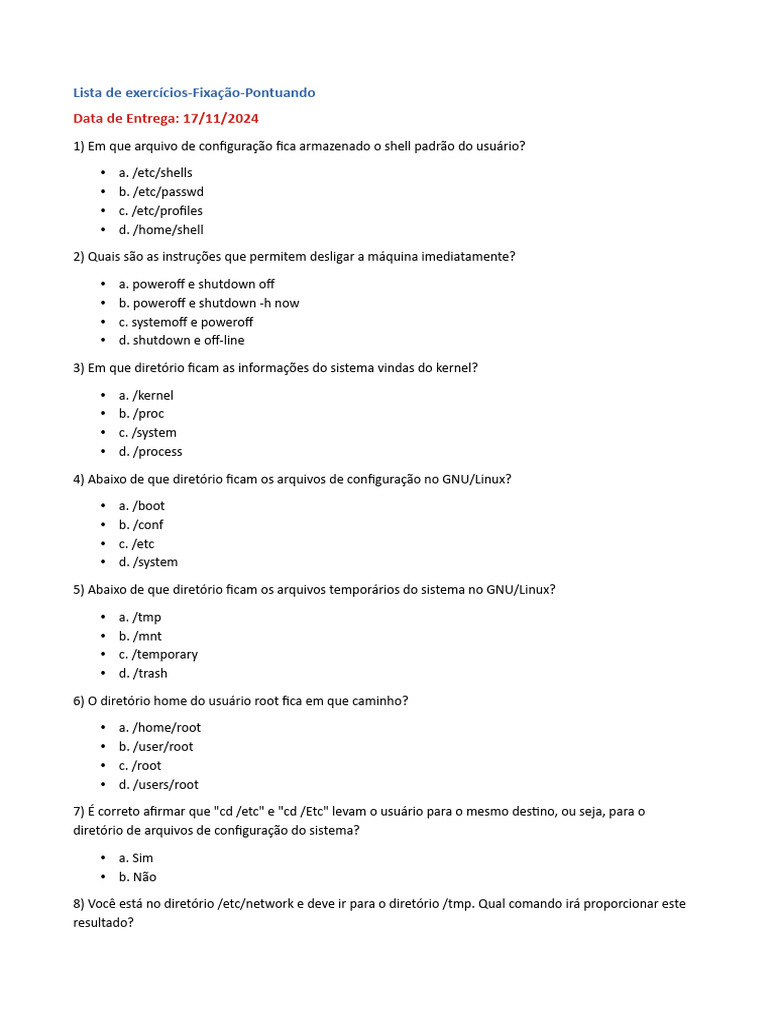 Questionário Final Linux Aluno | PDF | Arquivo de texto | Shell (informática)