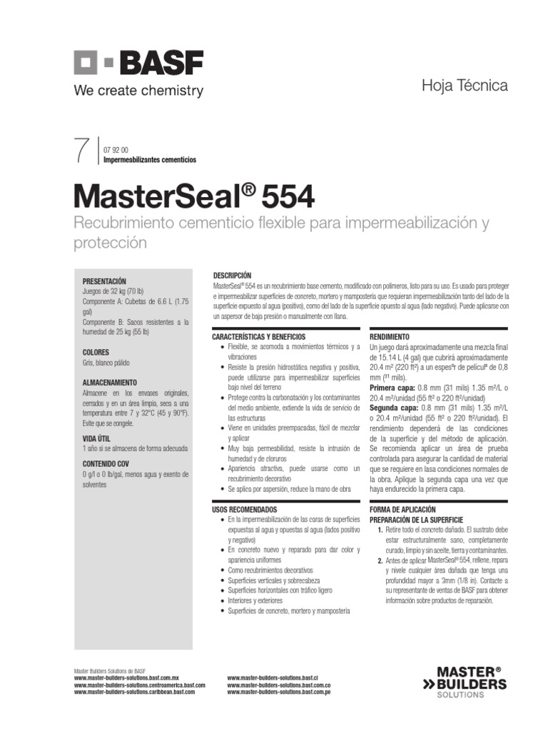 BASF MasterSeal 554 - Ficha Técnica | PDF | Hormigón | Agua