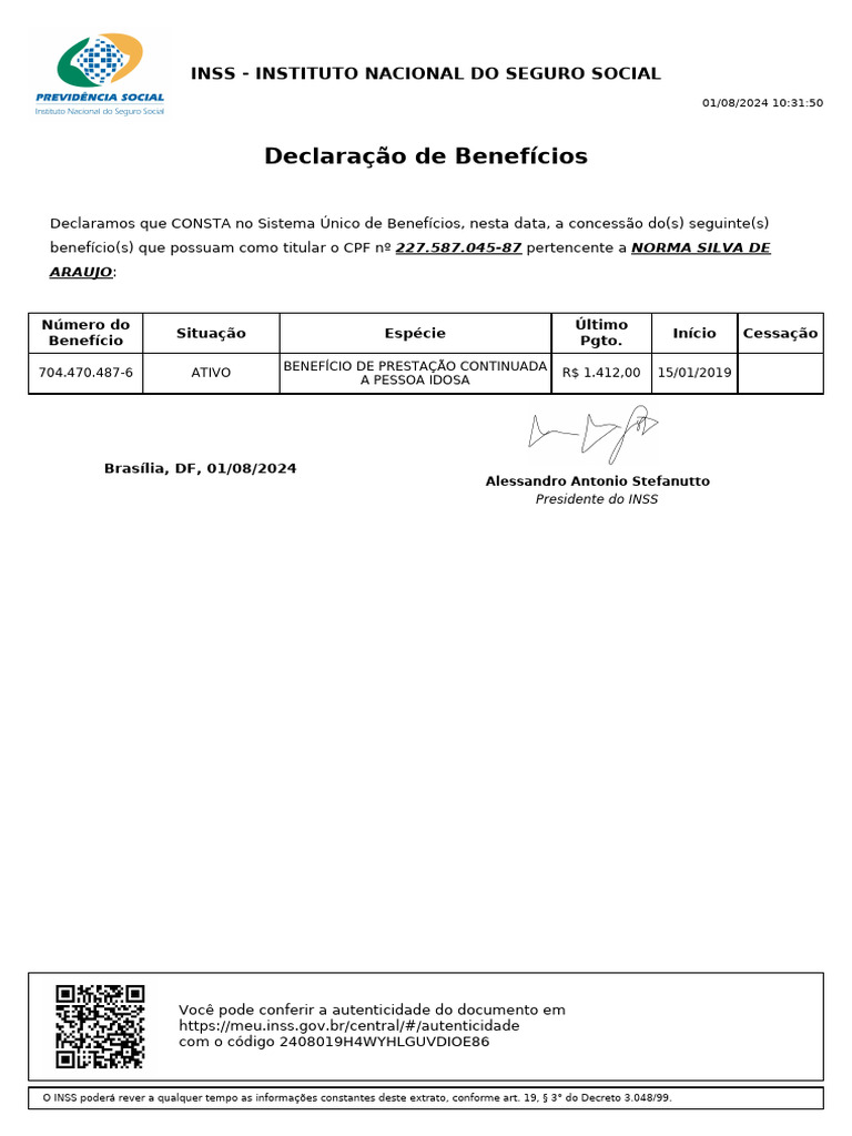 Declaração de Benefícios INSS 2024 | PDF