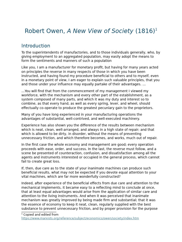 Robert Owen, A New View of Society | PDF