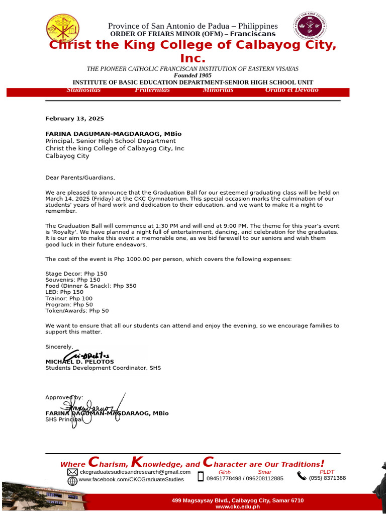 Graduation Ball Letter for Parents | PDF | Francis Of Assisi ...