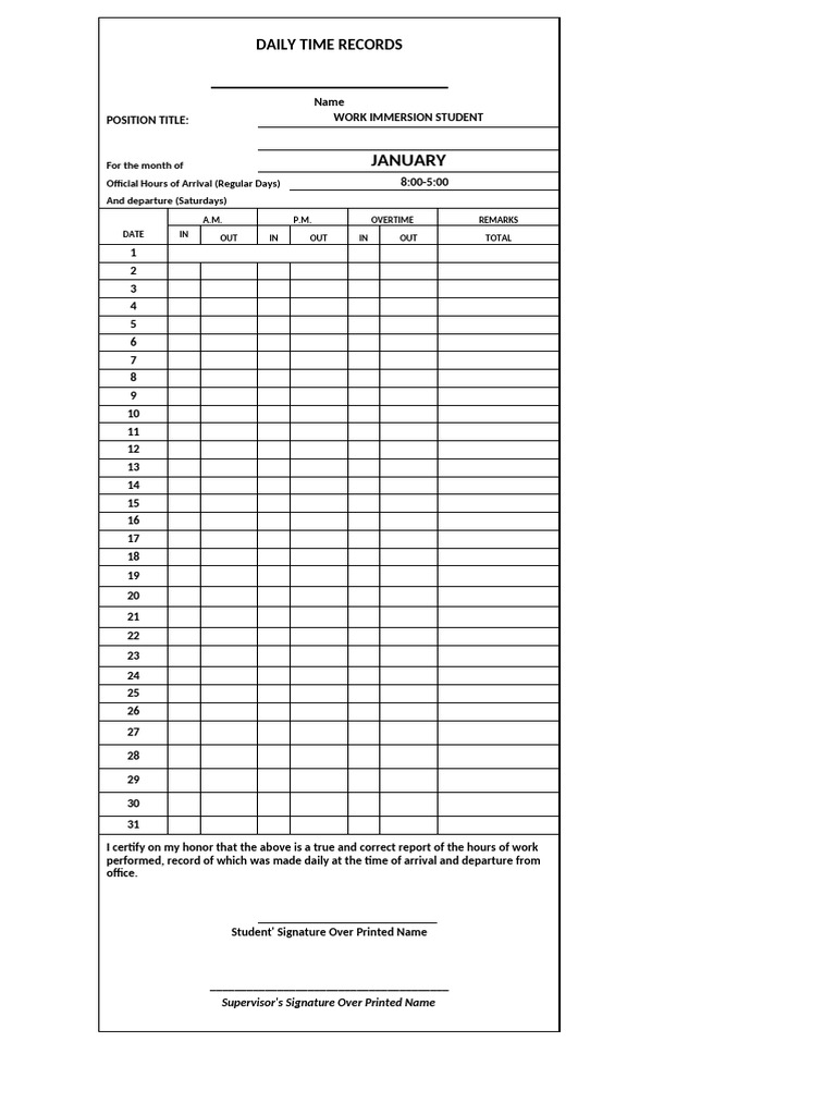 Daily Time Records for Work Immersion | PDF