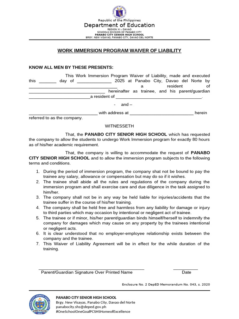 work-immersion-Waiver-of-Liability (1) | PDF | Legal Liability ...
