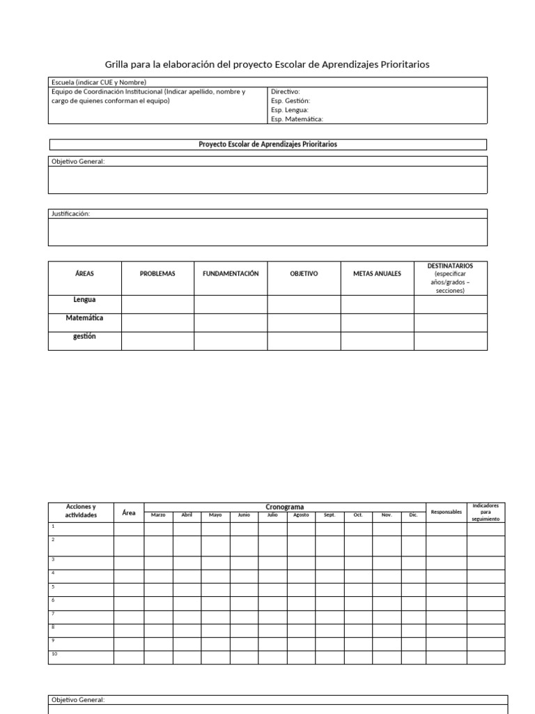 Grilla para La Elaboración Del Proyecto Escolar de Aprendizajes ...