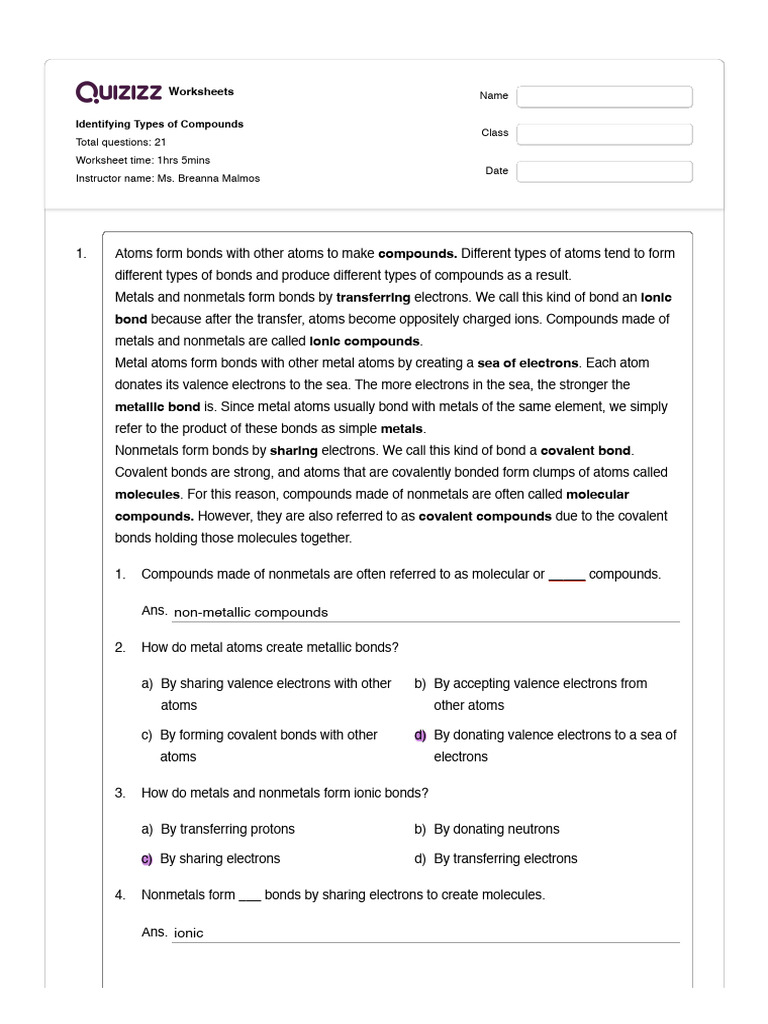 Types of Compounds Worksheet | PDF | Chemical Bond | Chemical Compounds