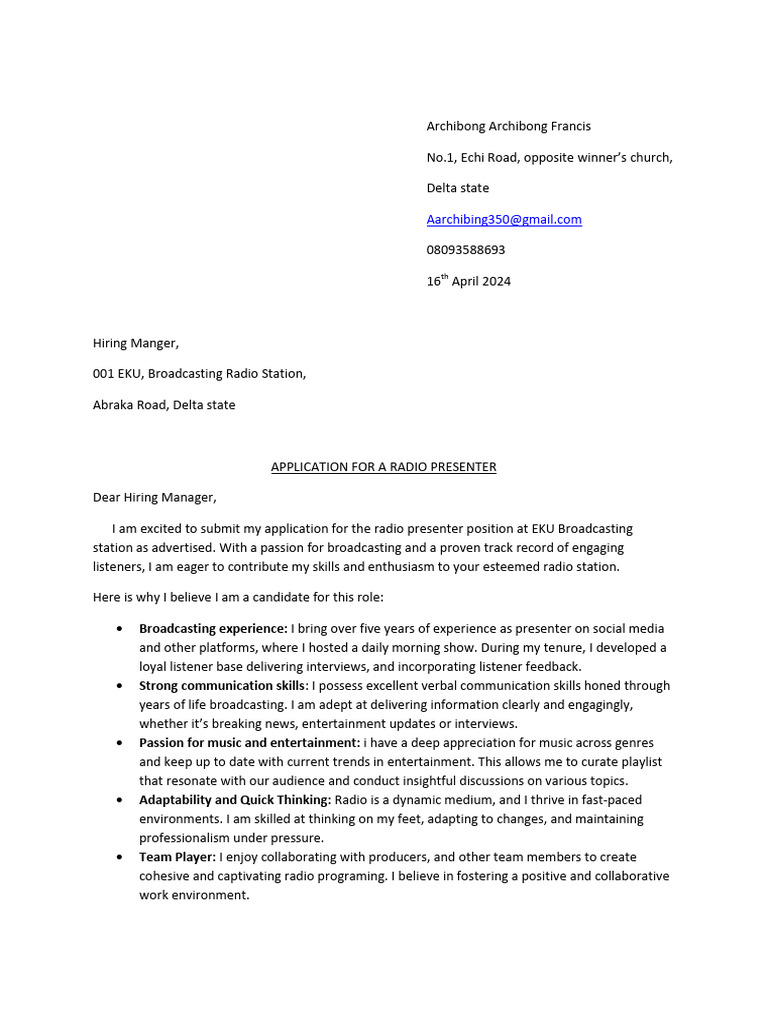 Radio Presenter Application Letter | PDF | Human Communication | Mass Media