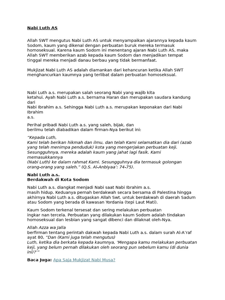 Mukjizat dan Kisah Nabi Luth AS | PDF