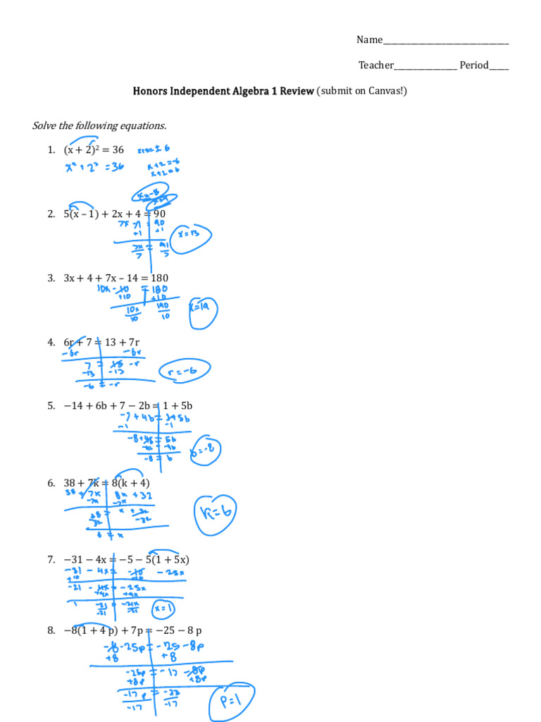 Independent Algebra 1 Review Honors | PDF