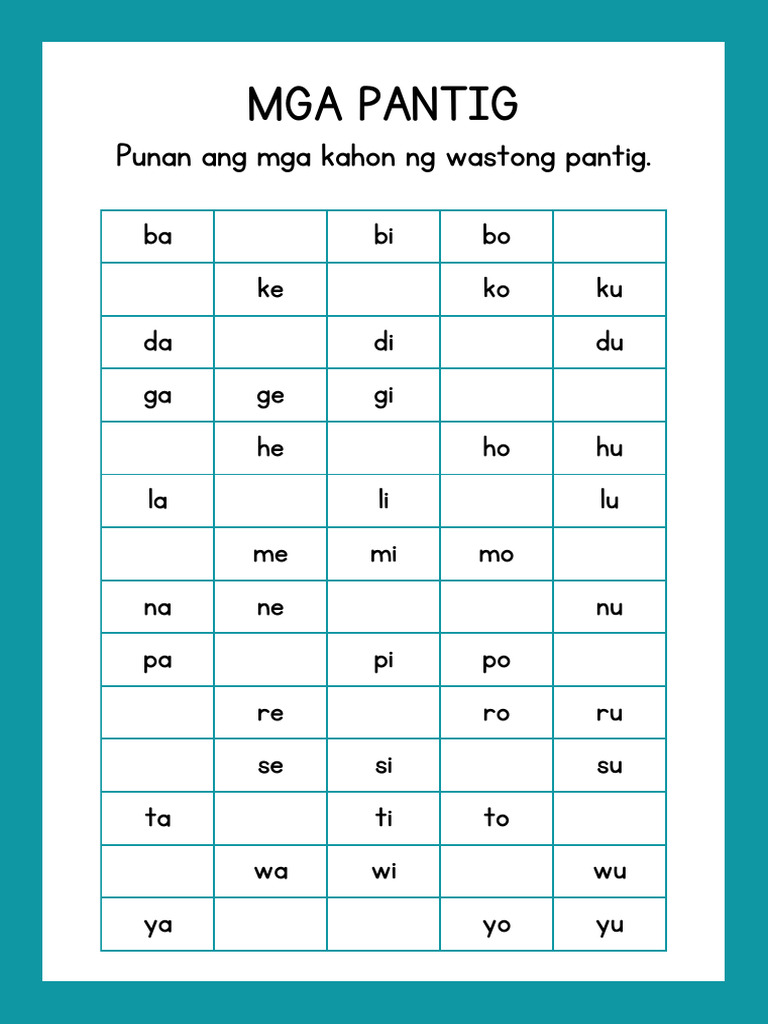 Teal Black Mga Pantig Worksheet | PDF