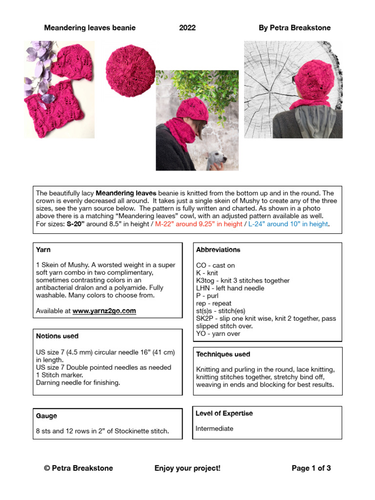 Meandering Leaves Beanie Pattern | PDF | Knitting | Fibers