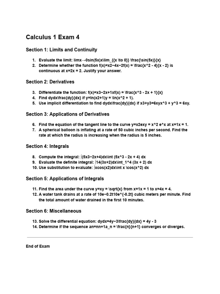 Calculus 1 Exam 4 Overview | PDF