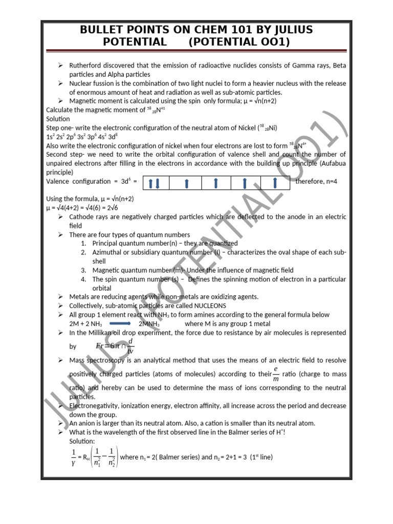 Chem 101 Bullet Points | PDF | Ion | Atomic Nucleus
