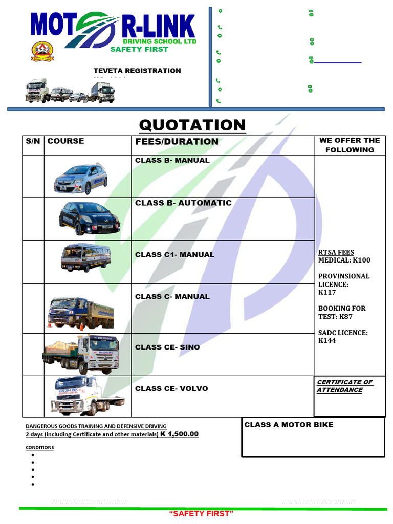Motorlink Driving School Fees and Courses | PDF | Vehicles | Vehicle ...