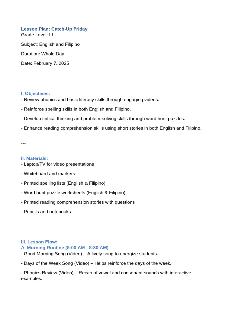 Catch Up Friday Lesson Plan | PDF