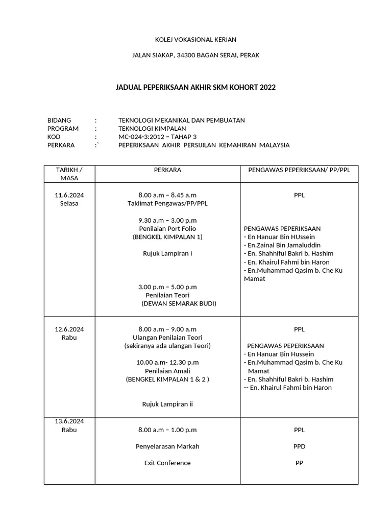 Jadual Final Exam SKM Kimpalan Kohort 2022 | PDF
