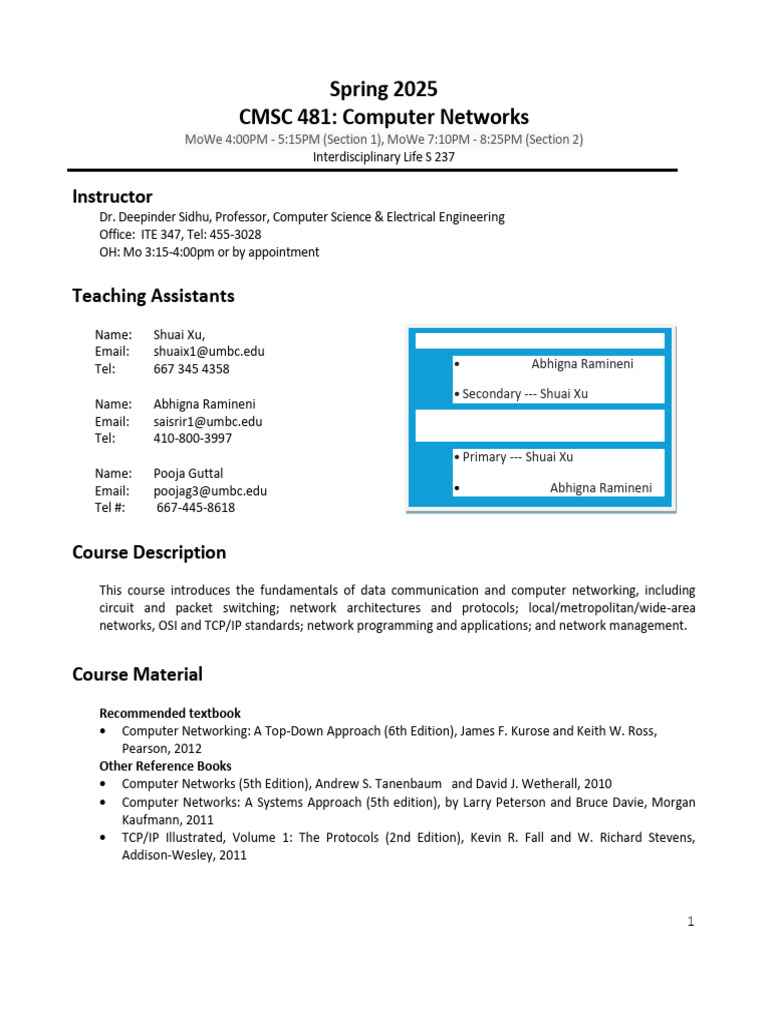 CMSC481 - Spring25 - Outline - DR Sidhu - v3 | PDF | Computer Network ...