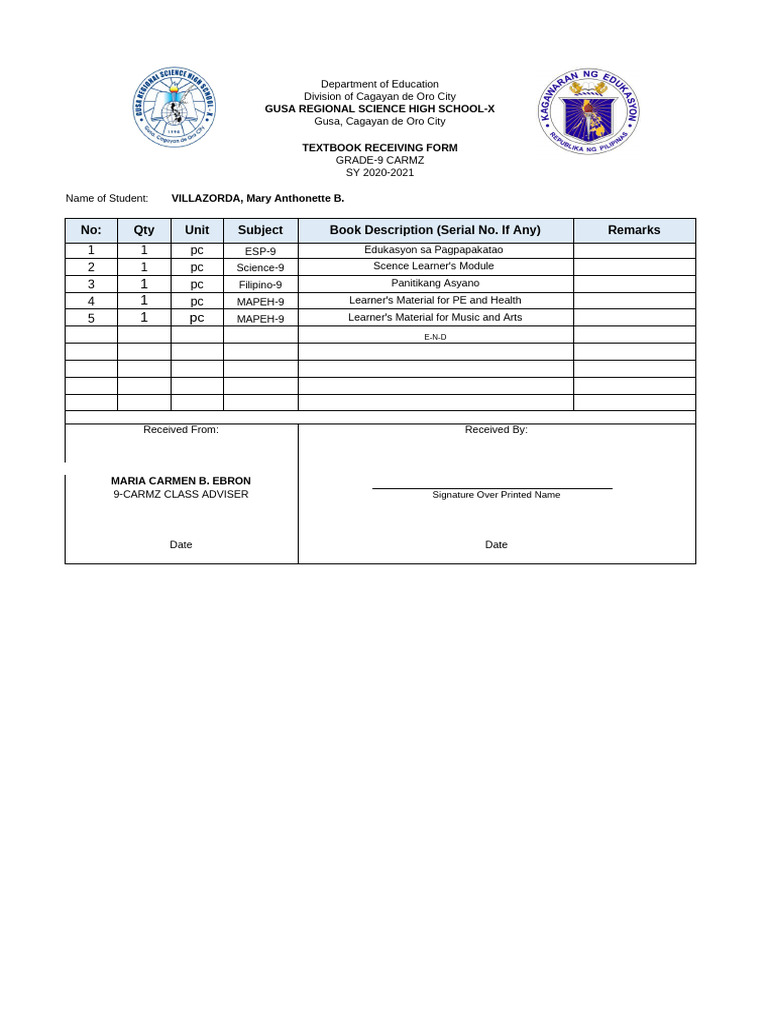 Books Receiving Slip Carmz | PDF | Philippines | Schools