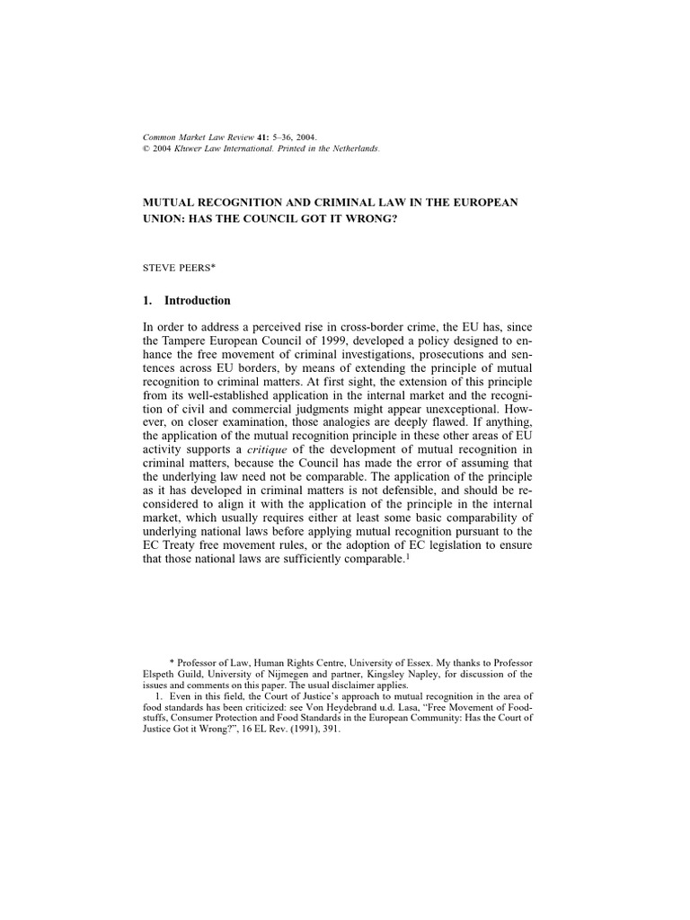PEERS - Mutual Recognition and Crimininal Law in The Europea | PDF ...