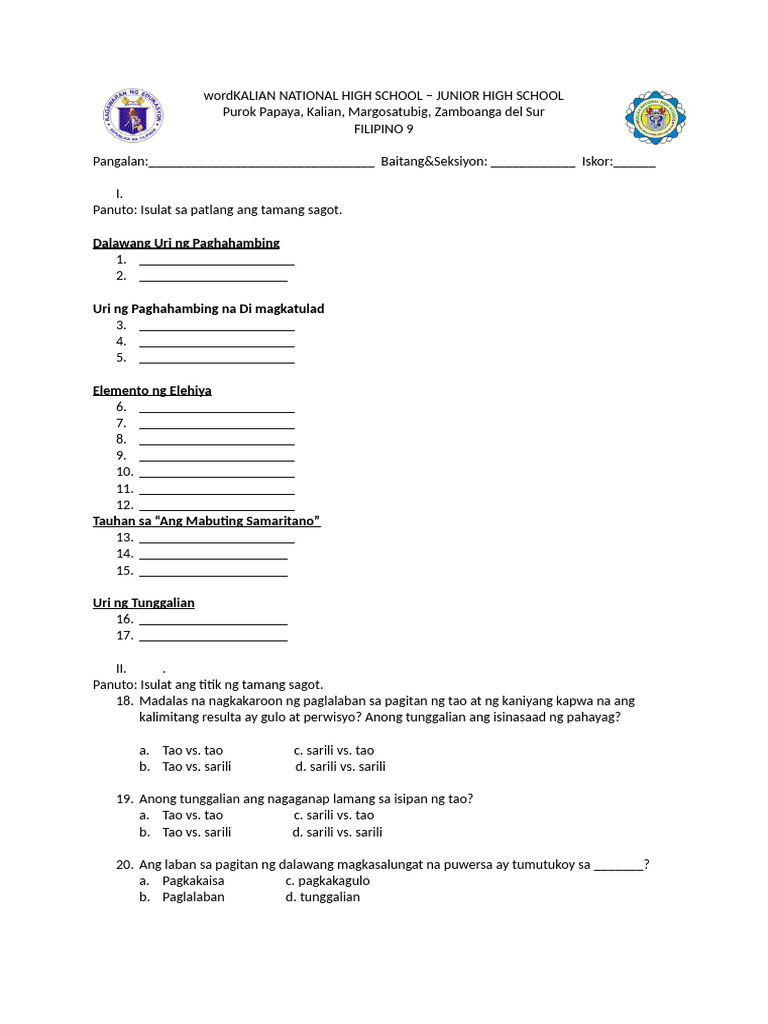 Filipino 9 Summative Test Third Grading | PDF