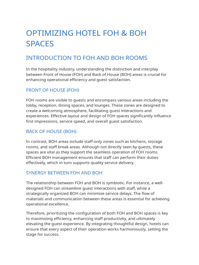 Optimizing Hotel FOH & BOH Spaces | PDF | Kitchen | Hotel