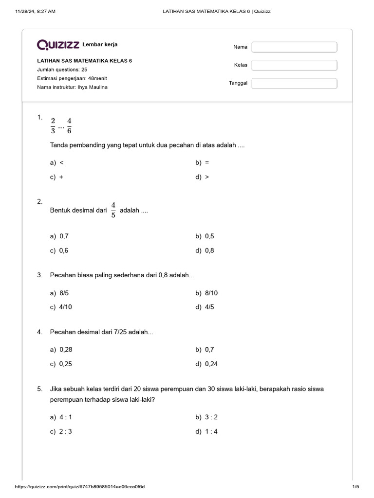 Latihan Sas Matematika Kelas 6 - Quizizz | PDF