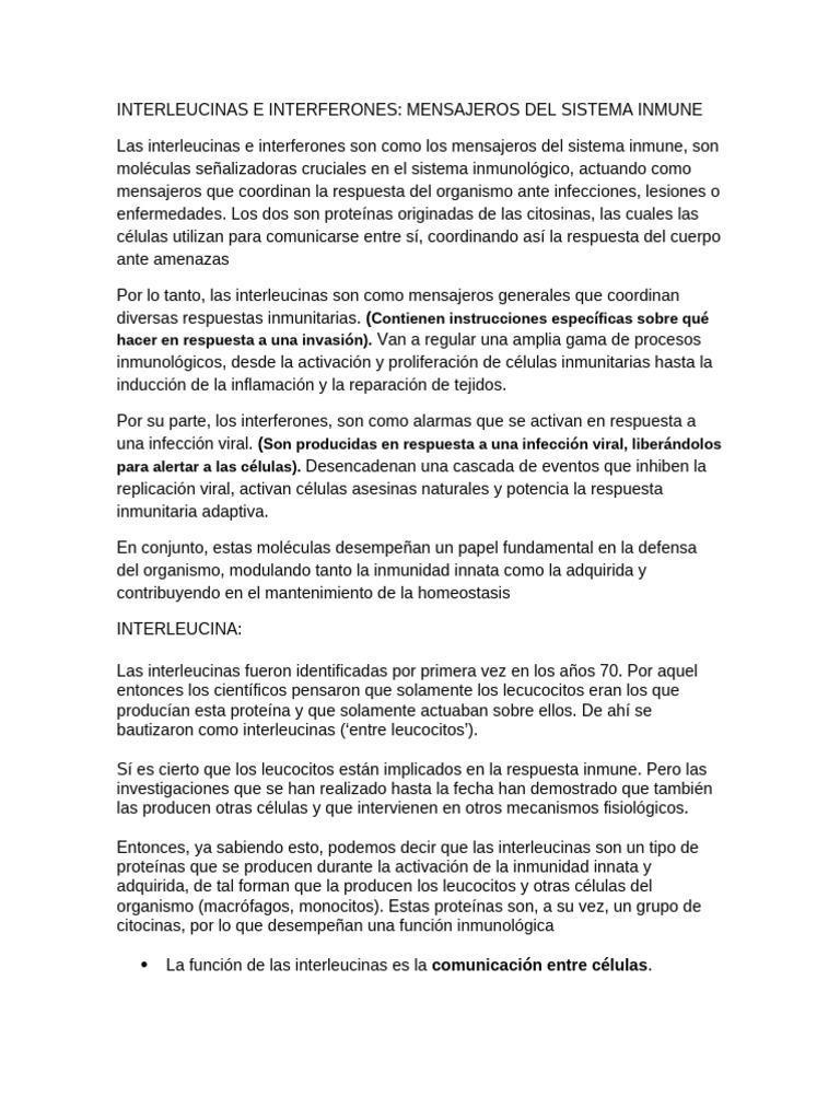 Interleucinas e Interferones en Inmunidad | PDF | Sistema inmune ...