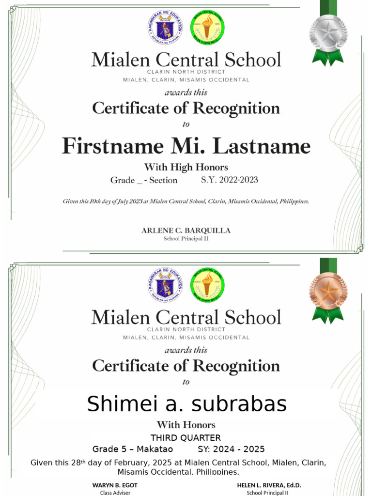 Mialen Central School 2023 Certificates Editable | PDF