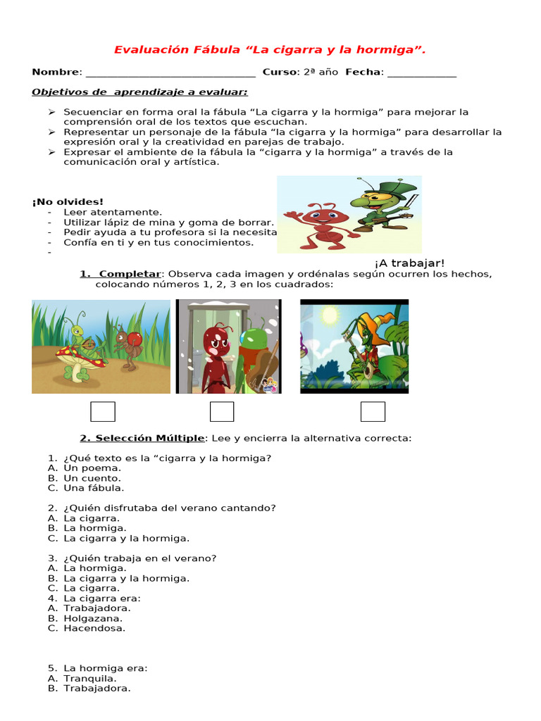 Evaluación de la Fábula "La Cigarra y la Hormiga" | PDF