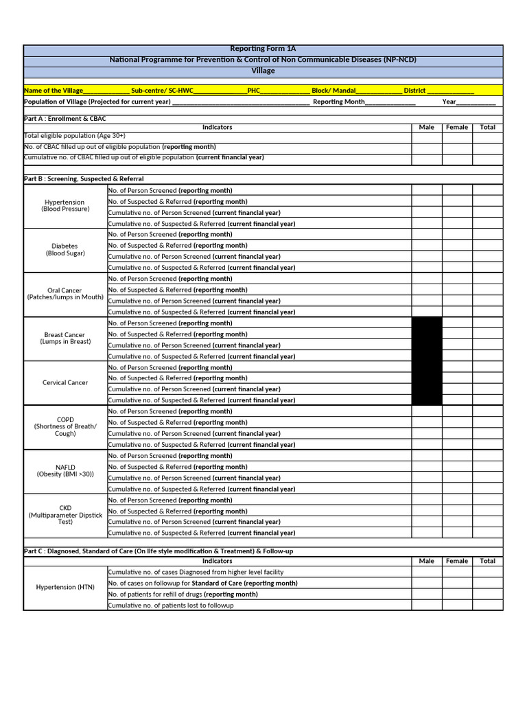 Draft Formats of NPCDCS Programme Reporting - For SC HWC (AAM) | PDF ...