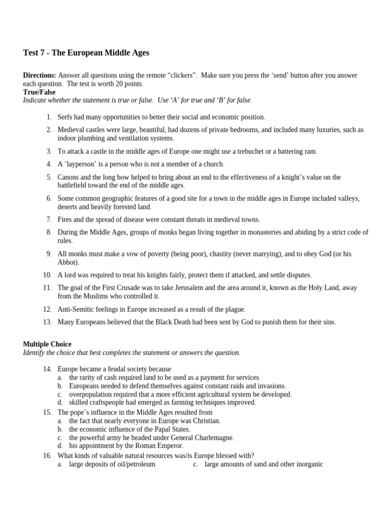Test 7 - The European Middle Ages | PDF | Middle Ages | Black Death
