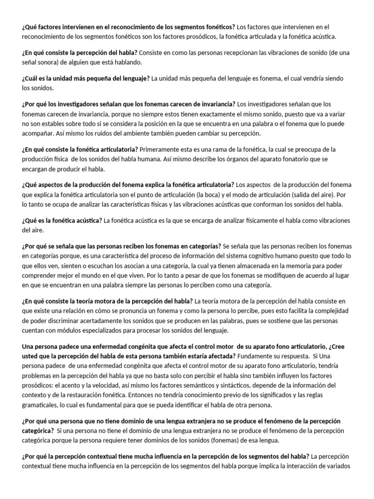Psicolinguistica Cuestionario Unidad 2 | PDF | Palabra | Fonética
