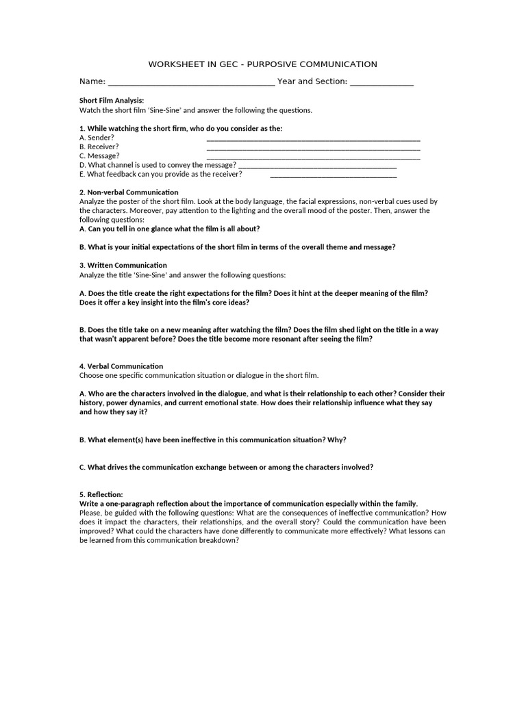 Short Film Communication Analysis Worksheet | PDF | Communication ...