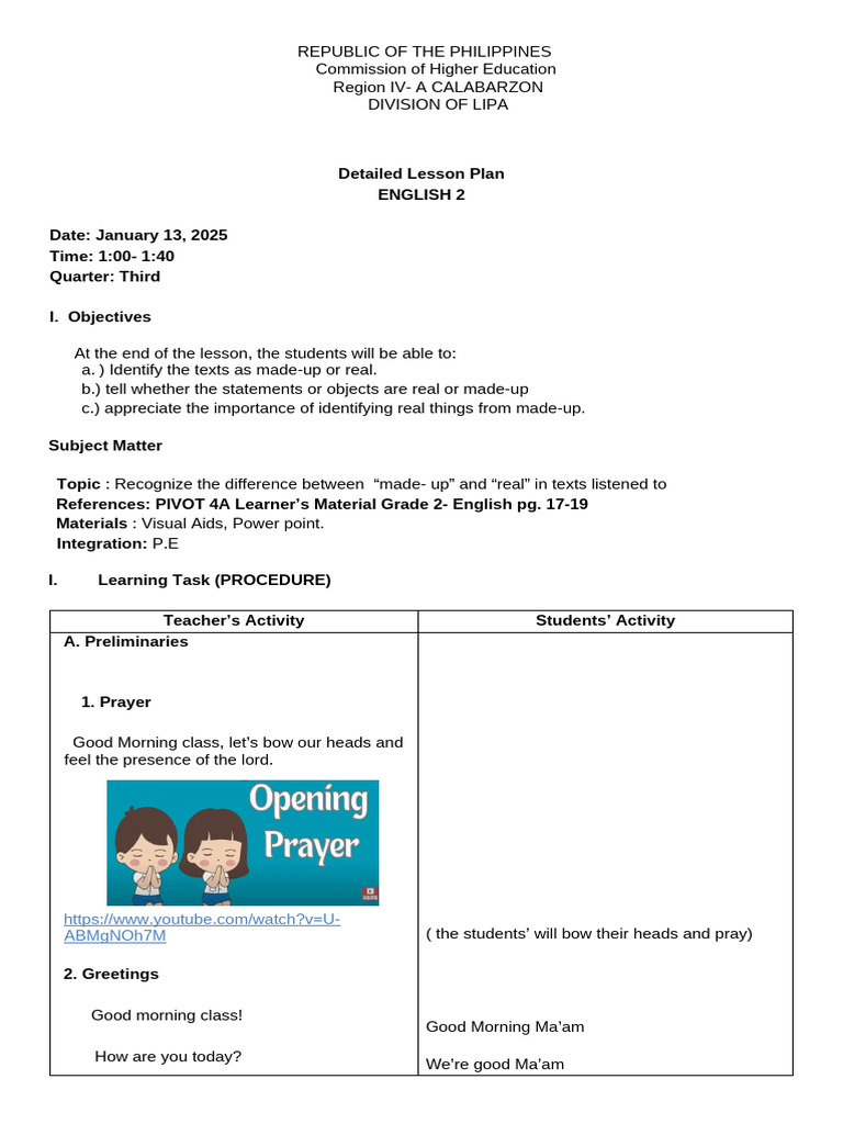 English 2 Lesson Plan: Real vs. Made-Up | PDF | Lesson Plan