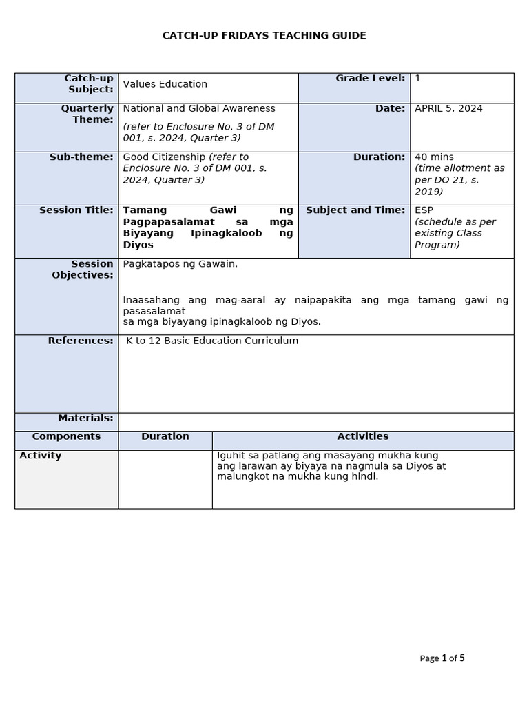 GRADE 1 - Catch-Up Friday-Values Ed | PDF