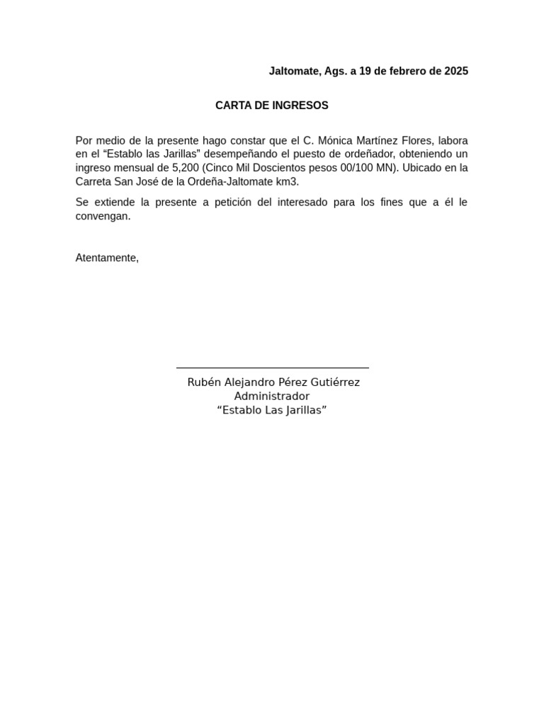 Carta de Ingresos | PDF