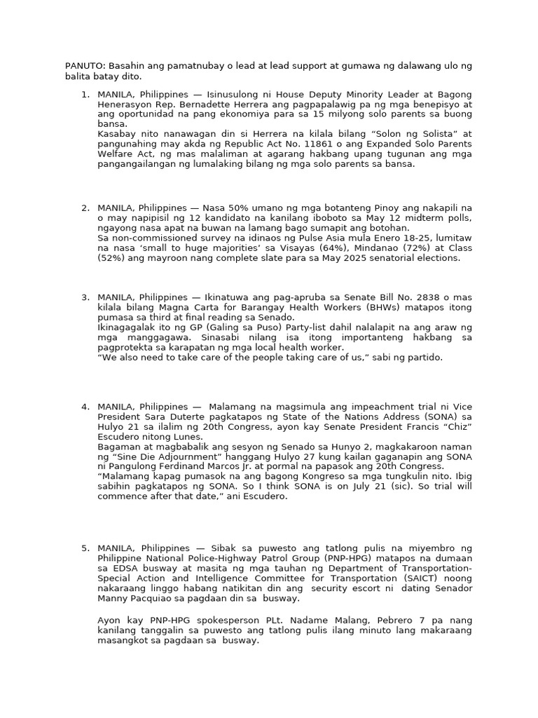 Headline Writing Filipino Contest Piece | PDF