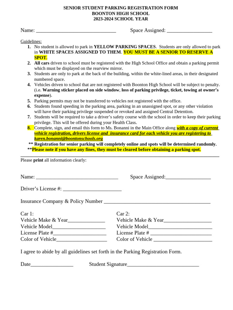 Senior Parking Registration Form 2023-24 | PDF | Parking | Vehicle ...