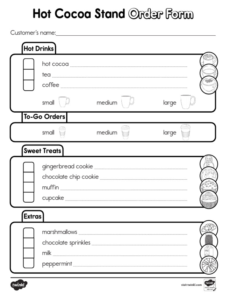 Black and White Hot Cocoa Stand Dramatic Play Order Form | PDF