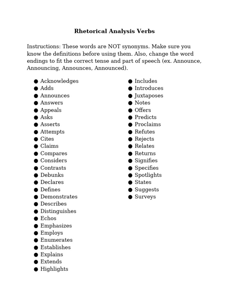 Rhetorical Analysis Verbs | PDF