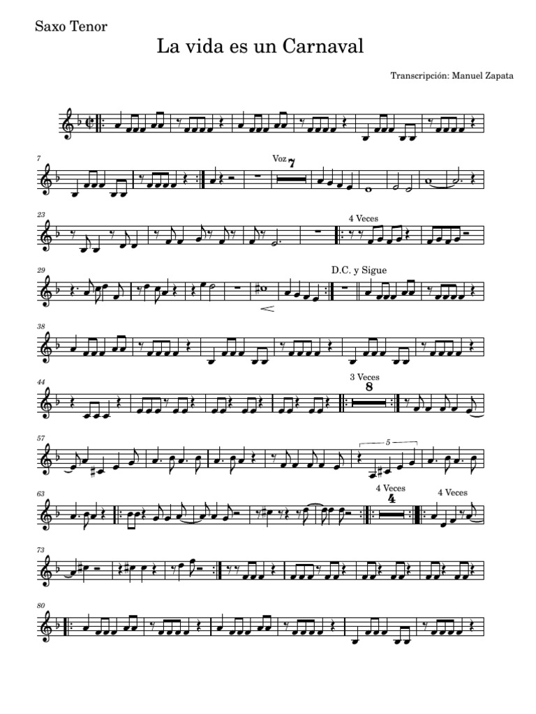 Salsa 8 La Vida Es Un Carnaval Sax Tenor | PDF