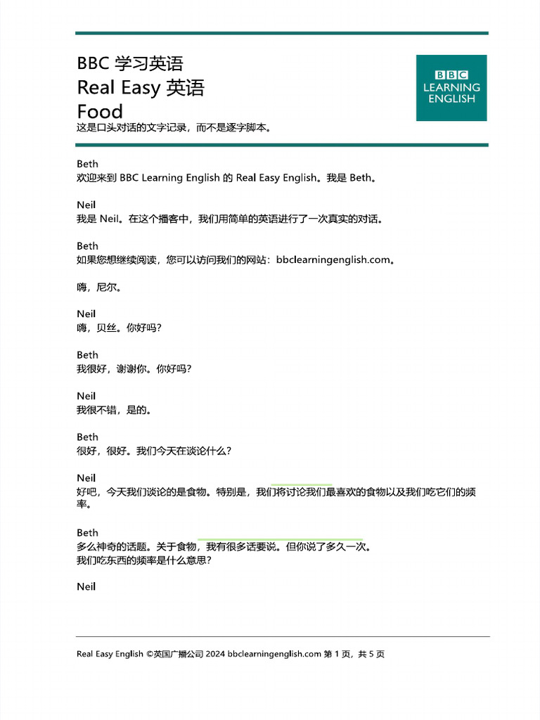 RealEasyEnglish Transcript Ep2 Food Trans | PDF