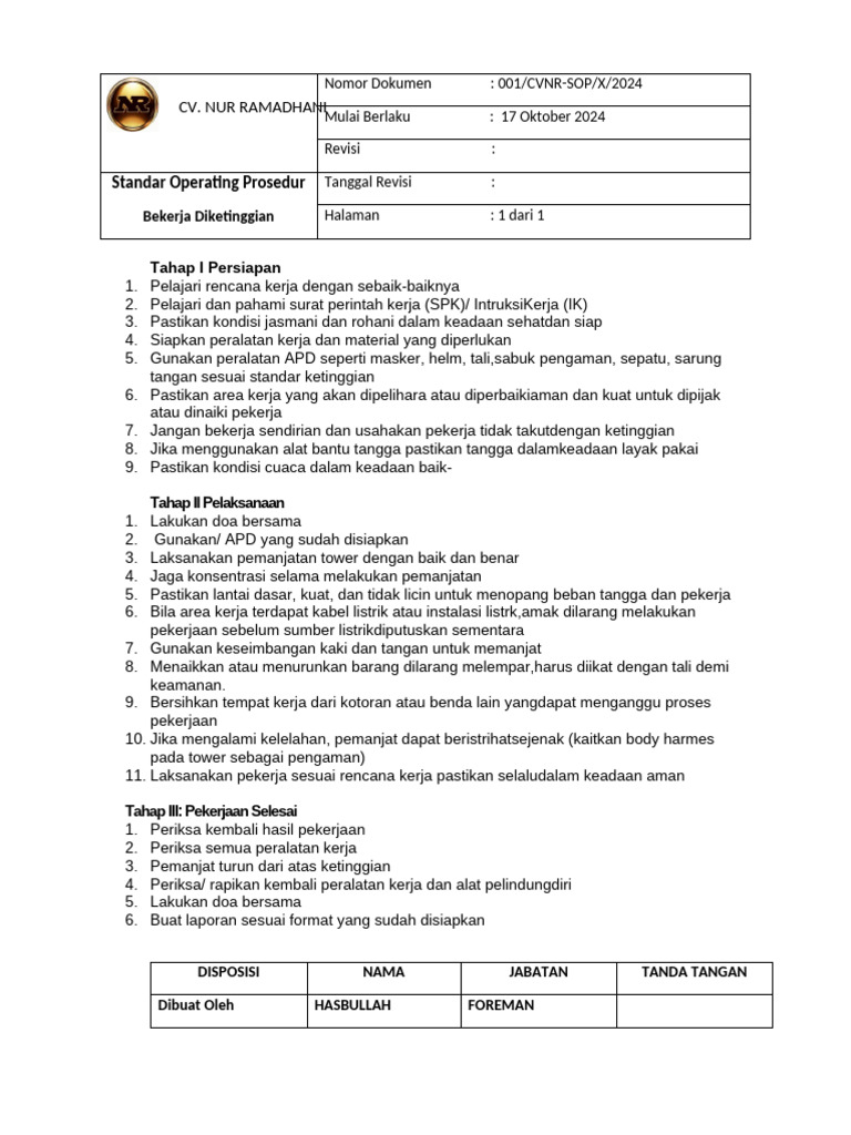 SOP Bekerja di Ketinggian | PDF