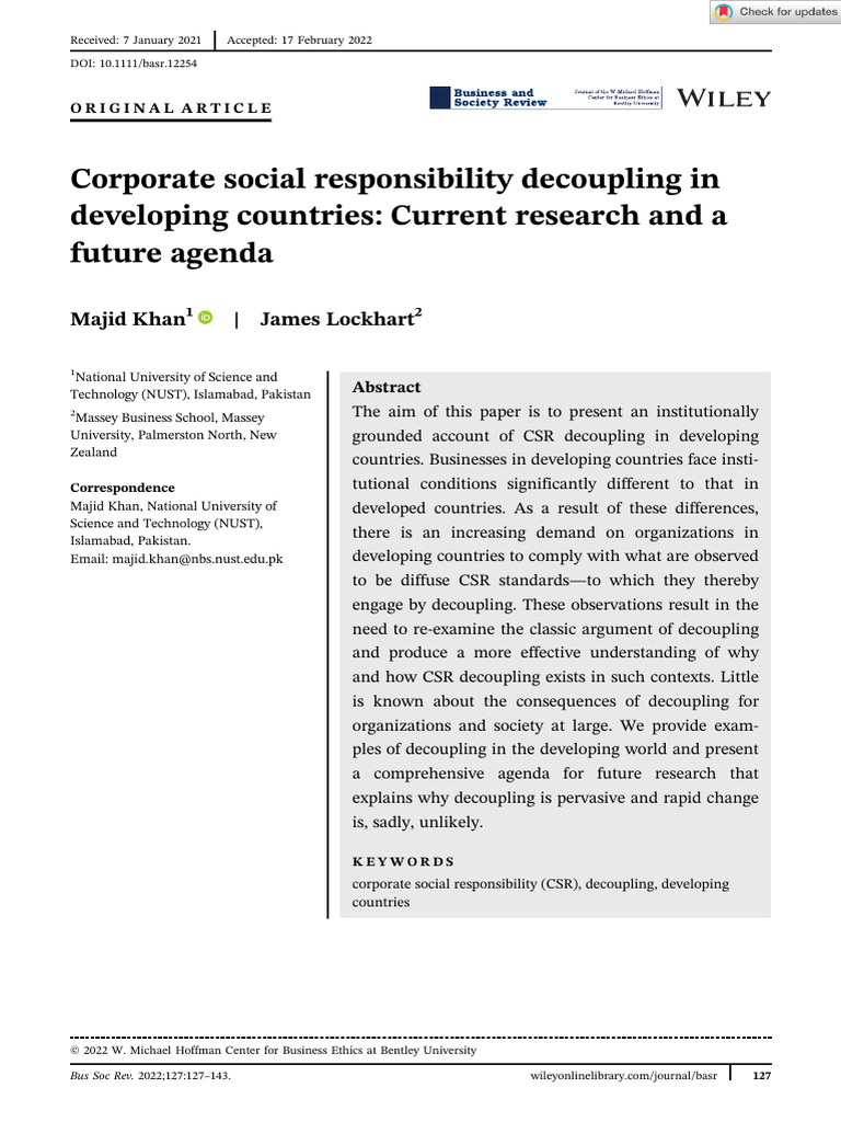Business and Society Review - 2022 - Khan - Corporate Social Responsibility Decoupling in ...