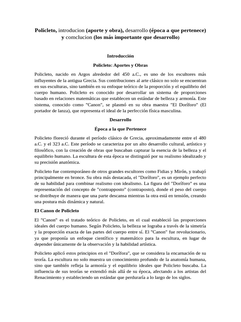 Policleto: Canon y Doríforo | PDF | Escultura | Las artes